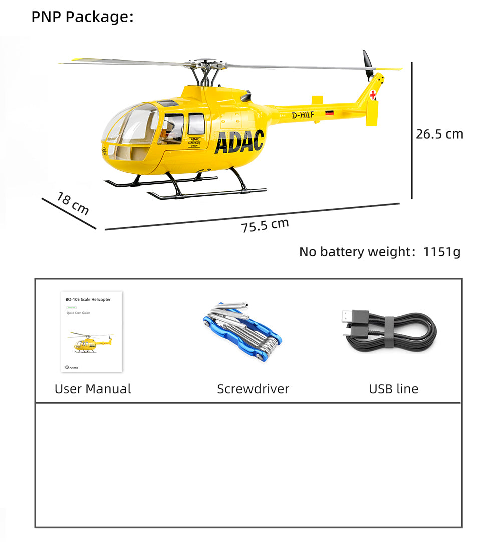 Flywing BO-105 6CH RC GPS Stabilized Scale helicopter 450L size Fusela ...